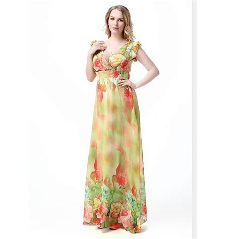 Sexy V Neck Cap Sleeve Floral Chiffon Plus Size Long Maxi Dress