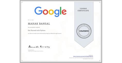 Completion Certificate For Get Started With Python Mahak Bansal