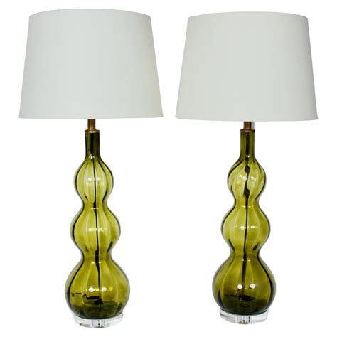 Tall Pair Of Olive Green Art Glass Table Lamps 1950s For Sale At 1stdibs