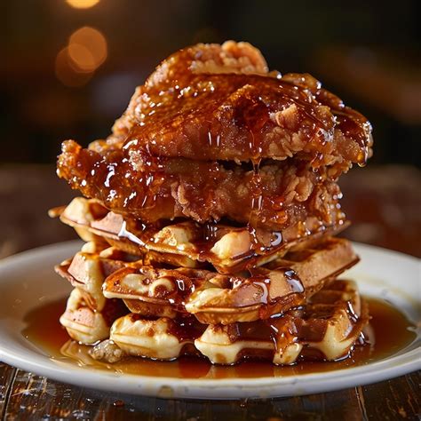 Fried Chicken And Waffles With Syrup Premium Ai Generated Image