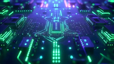 Futuristic Neon Circuit Board With Vibrant Glowing Lights And Technology Patterns Stock