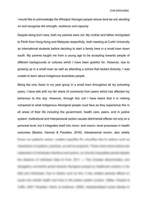 Indh Reflection Indh1006 Indigenous Cultures And Health Behaviours Curtin Thinkswap