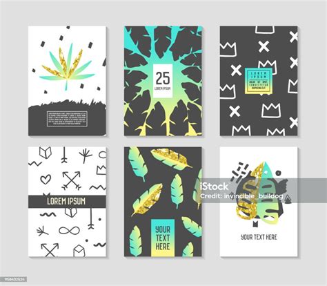 종 려 잎 및 황금 요소와 초록 열 대 포스터 템플릿 집합입니다 Hipster 8090 년대 책자 배너 전단지 패션 벡터 일러스트 레이 션 0명에 대한 스톡 벡터 아트 및
