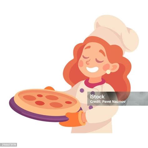 여자 요리사 또는 요리사 캐릭터 에서 제복 보유 피자 벡터 일러스트 가정 주방에 대한 스톡 벡터 아트 및 기타 이미지 가정 주방 가정의 방 개념 Istock