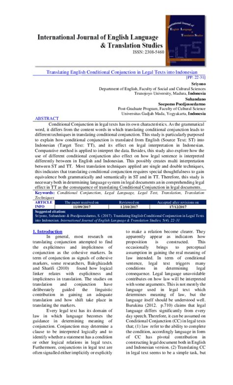 Pdf Translating English Conditional Conjunction In Legal Texts Into