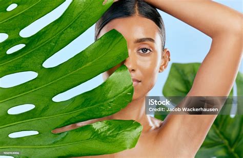 화장품 나뭇잎 그리고 스킨케어 웰빙 뷰티 글로우를 위한 파란색 배경에 있는 여성의 초상화 생태학 피부과 스튜디오 배경에 고립된 식물을 가진 인도 소녀 또는 모델 20 24