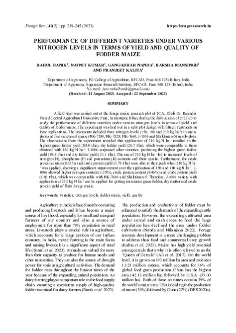 Pdf Performance Of Different Varieties Under Various Nitrogen Levels In Terms Of Yield And
