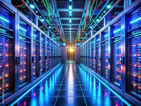 Sleek Futuristic Server Room With Rows Of Humming Machines Neon