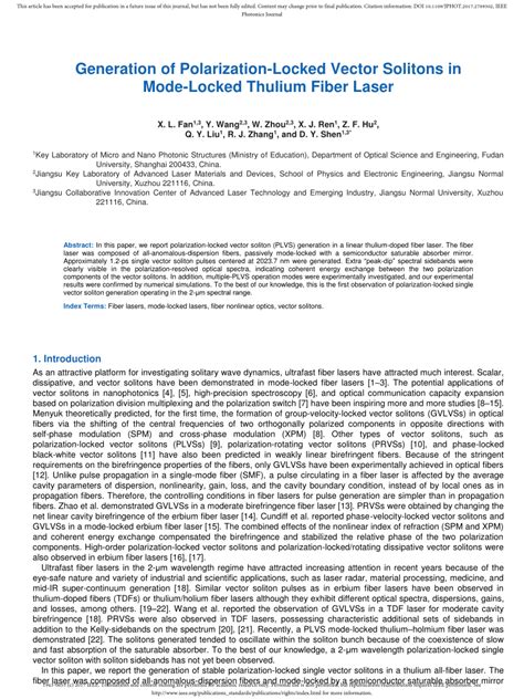 Pdf Generation Of Polarization Locked Vector Solitons In Mode Locked Thulium Fiber Laser