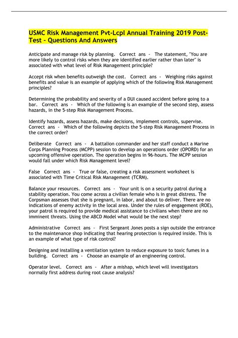 Usmc Risk Management Pvt Lcpl Annual Training 2019 Post Test Questions And Answers Usmc Risk