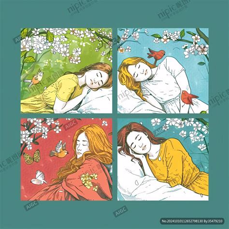 ai创作图睡觉人物素材 躺卧人物素材 人物睡姿 治愈系女孩睡觉春困 睡眠保健品插画 人物睡觉姿态 春夏秋冬女孩插画 花季少女插画 家纺插画设计