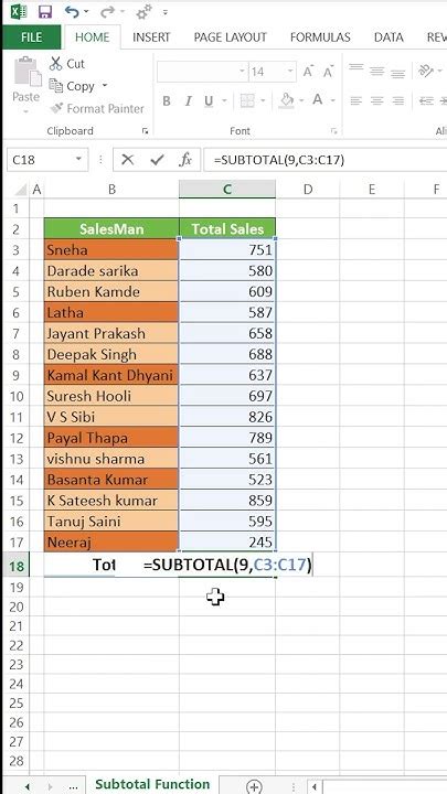 Calculate Sum By Colour Using Subtotal Function 😯😯🔥shorts Excel Youtube
