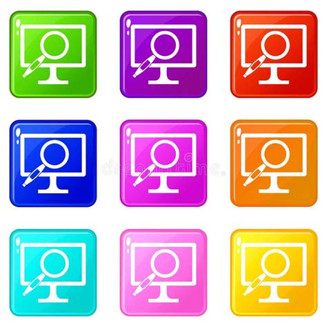 Computer Monitor Magnifying Glass Icons 9 Set Stock Vector