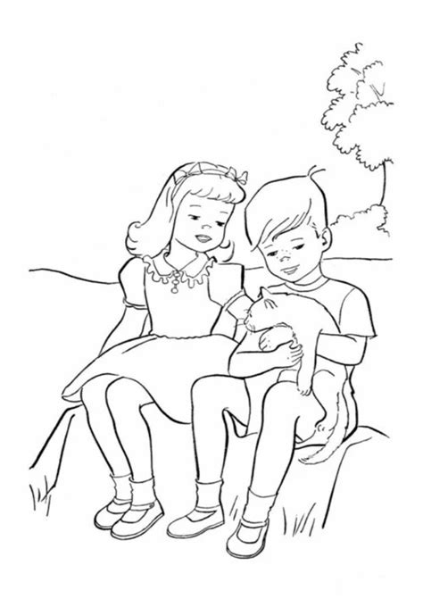 Раскраска Кот играет с детьми распечатать или раскрасить онлайн