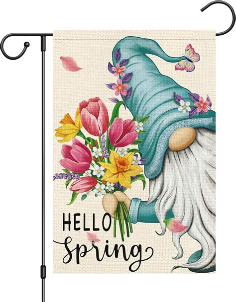 Hello Spring Gnome Garden Flag 12x18 Double Sided Burlap