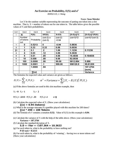 Exercise Mean Variance Problems An Exercise on Probability E X and σ 2 BSNS2120 J Wang