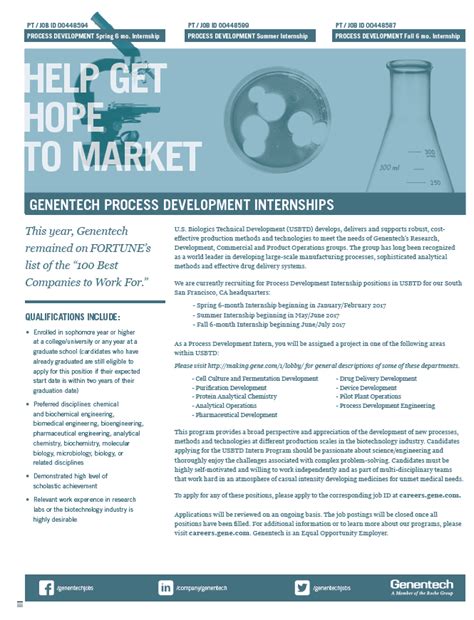 Genentech Process Development Internships Hopkins Chembe Career Network
