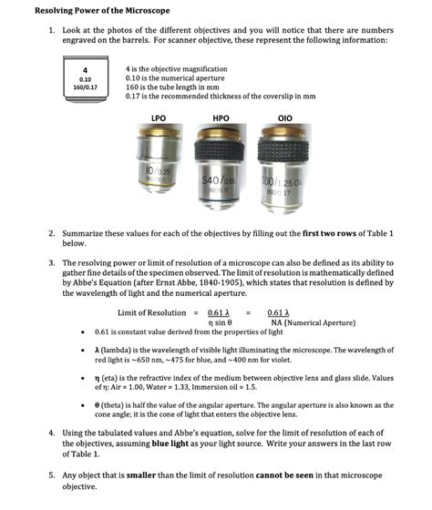 Solved Resolving Power Of The Microscope 1 Look At The