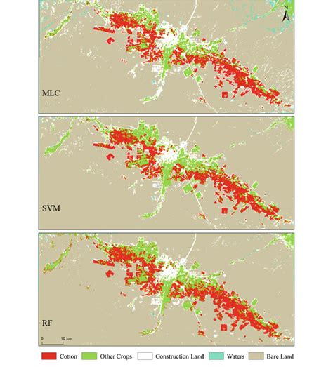 classification results mapping based on mlc svm and rf respectively