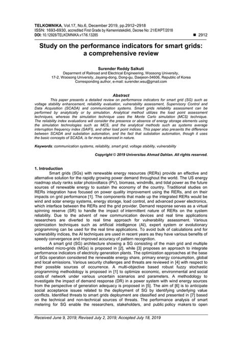 Study On The Performance Indicators For Smart Grids A Comprehensive Review PDF
