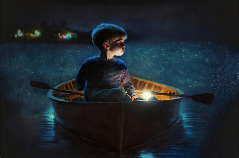 Premium Photo Boy Rowing A Boat In The Sea Of The Starry Night With