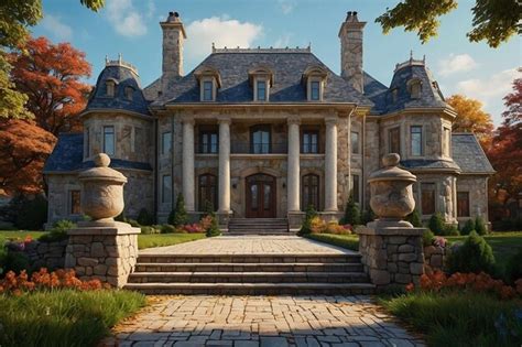 Stone Mansion With A Grand Entrance Premium Ai Generated Image