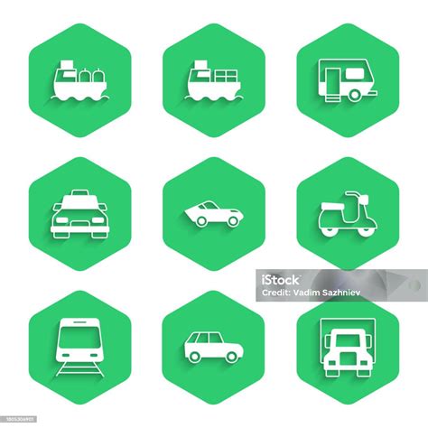 세트 자동차 배달화물 트럭 스쿠터 기차 및 철도 택시 Rv 캠핑 트레일러 및 유조선 선박 아이콘 벡터 0명에 대한 스톡 벡터 아트 및 기타 이미지 Istock