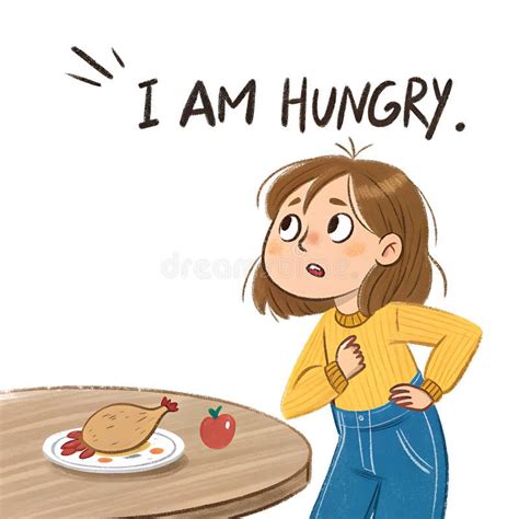 Cartoon Illustration Of Hungry Girl With Food Plate And I Am Hungry