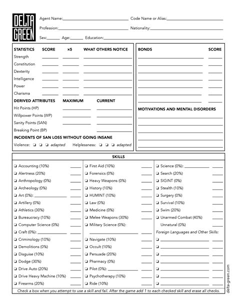 Delta Green Rpg Character Sheet 1 Fillable Agent Name Code Name Or Alias Profession