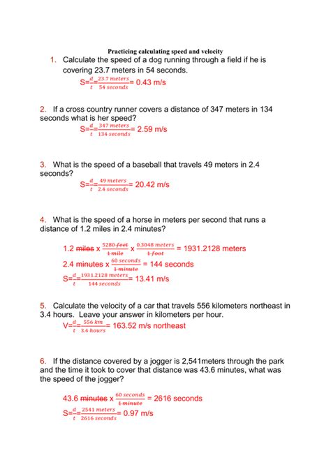 Physical Science Motion Speed Velocity And Acceleration Worksheet Answers
