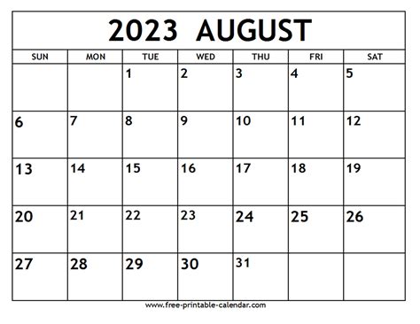 August 2023 Calendar Free Printable
