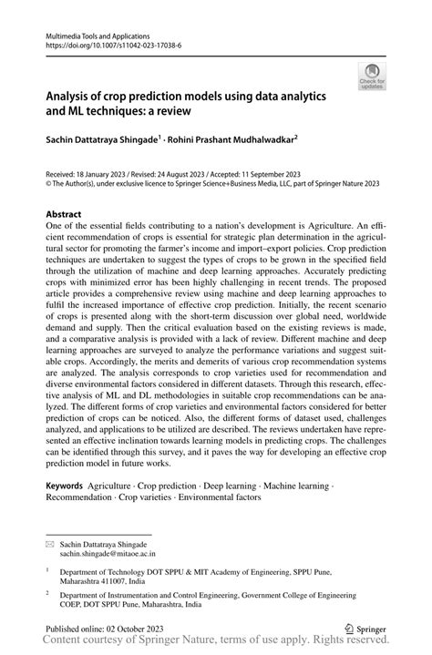 Analysis Of Crop Prediction Models Using Data Analytics And Ml