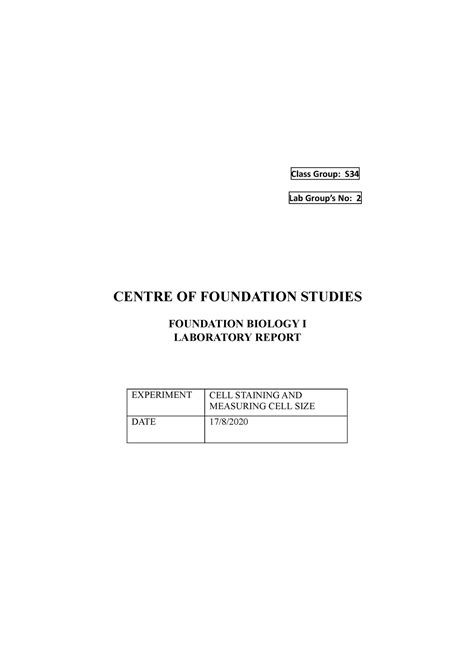 Exp 2 Cell Staining And Measuring Cell Size Experiment Report Group 2 S34 Lab Groups No 2