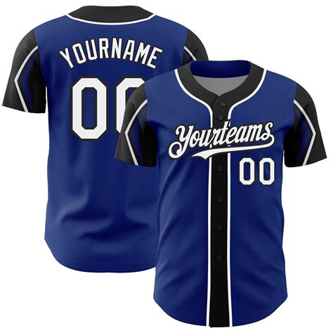 Custom Royal Baseball Jersey White Black 3 Colors Arm Shapes Authentic