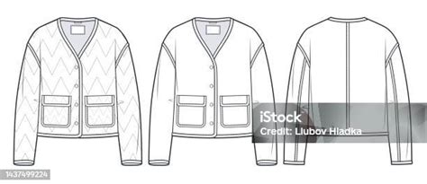 여성용 퀼트 패딩 재킷 기술 패션 일러스트 특대 재킷 패션 플랫 기술 도면 템플릿 긴 소매 포켓 전면 및 후면보기 흰색 Cad