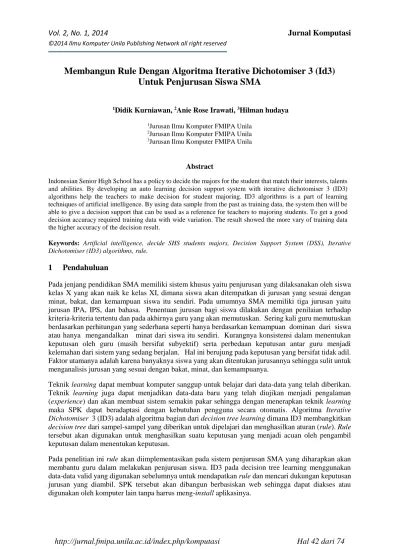 Membangun Rule Dengan Algoritma Iterative Dichotomiser 3 Id3 Untuk Penjurusan Siswa Sma