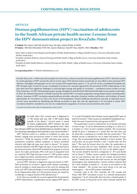 Pdf Human Papillomavirus Hpv Vaccination Of Adolescents In The South African Private Health