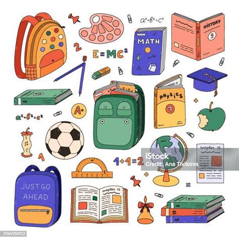 큰 다채로운 낙서 학교 돌아 가기 어린이 학용품 세트 책가방 교과서 지구본 문구류 축구 공의 손으로 그린 요소 공부 그리기