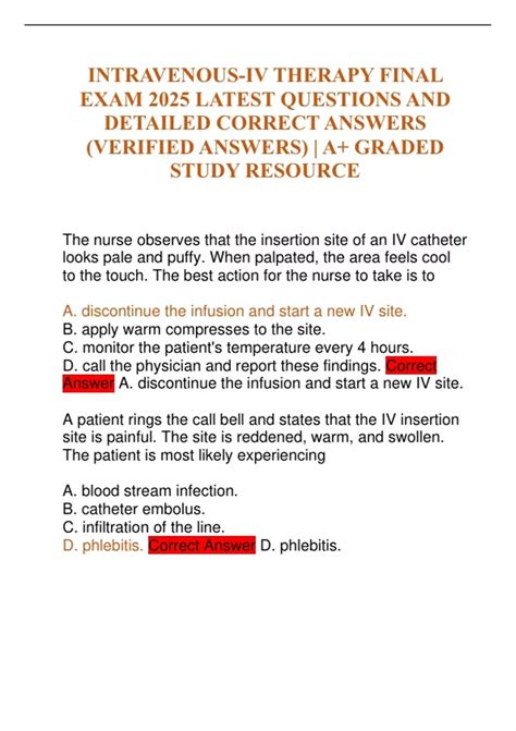 Intravenous Iv Therapy Final Exam 2025 Latest Questions And Detailed Correct Answers Verified