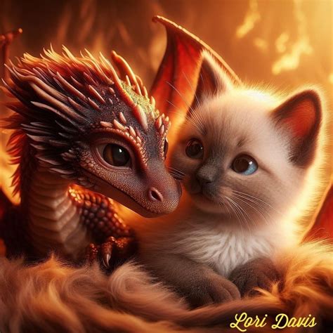Cute Kitten And Dragon Cuddling Together