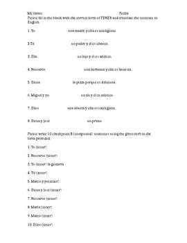 Tener Differentiation Worksheet By Laura Penhollow Tpt