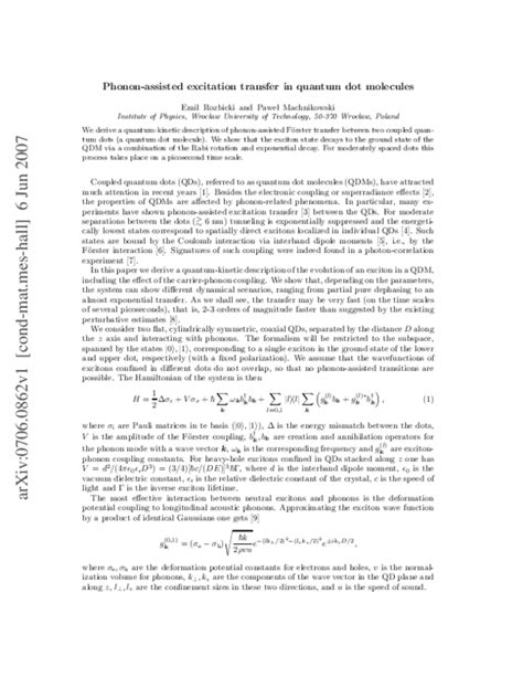 Pdf Phonon Assisted Excitation Transfer In Quantum Dot Molecules