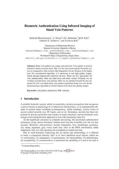 Pdf Biometric Authentication Using Infrared Imaging Of Hand Vein