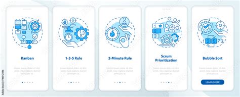 Vecteur Stock Prioritization Tools Blue Onboarding Mobile App Screen Walkthrough 5 Steps