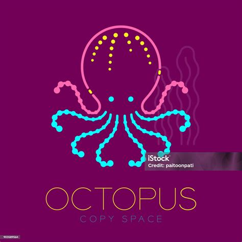 문 어와 해 초 기호 아이콘 개요 스트로크 대시 라인 디자인 일러스트 레이 션 블루 문 어 텍스트와 복사 공간 벡터 Eps10와 보라색 배경에 고립 된 분홍색과 노란색 색상