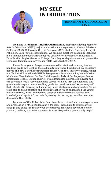 My Self Introduction 1 My Self Introduction My Name Is Jonathan Talusan Guiamaludin Presently