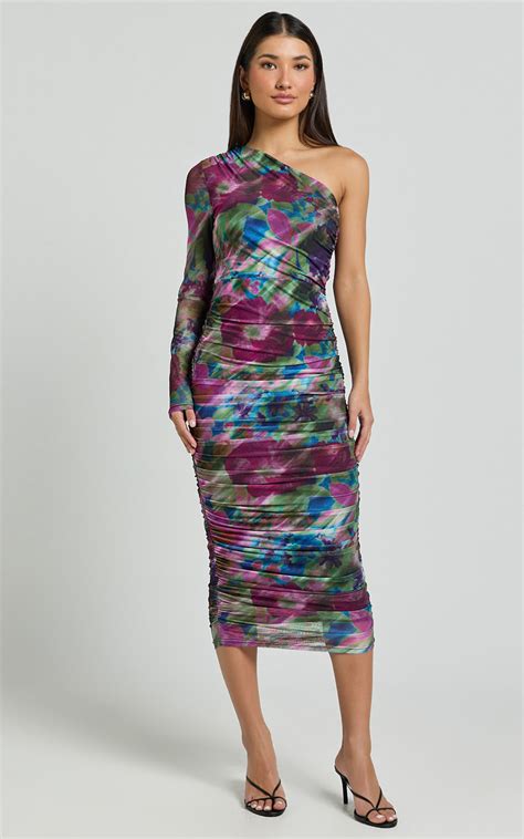 Pepper Midi Dress One Shoulder Ruched Mesh Dress In Ethereal Iris