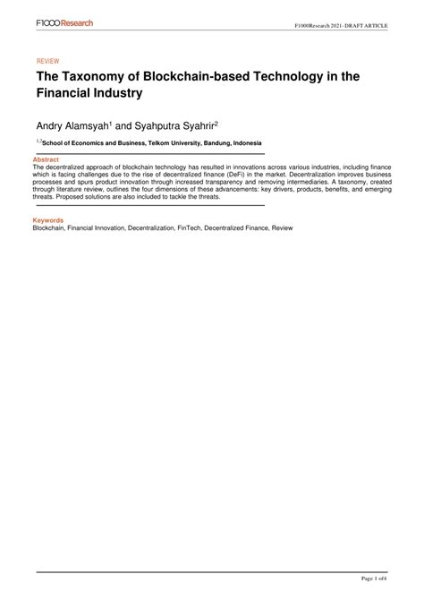 PDF The Taxonomy Of Blockchain Based Technology In The Financial Industry
