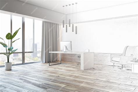 목재 바닥 가구 및 장비 3d 렌더링을 갖춘 현대적인 콘크리트 사무실 인테리어의 손으로 그린 스케치 프리미엄 사진