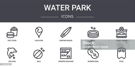 워터 파크 컨셉 라인 아이콘 세트 웹 로고 위치 수영장 돌고래 자동 판매기 고무 반지 수영장 매표소 서핑 보드와 같은 Ui Ux